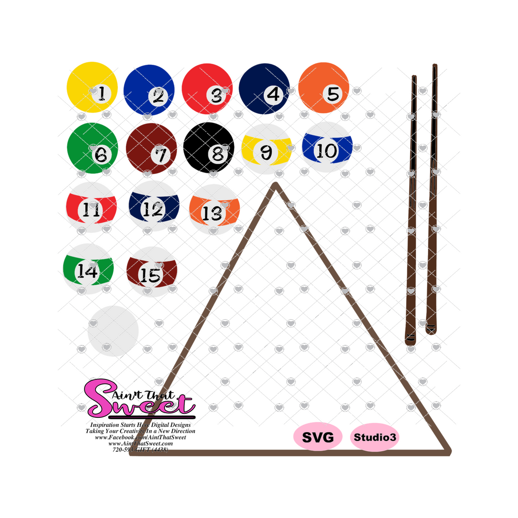 Pool Balls, Crossed Cue Sticks, Triangle (Grouped and Separated) Billi ...